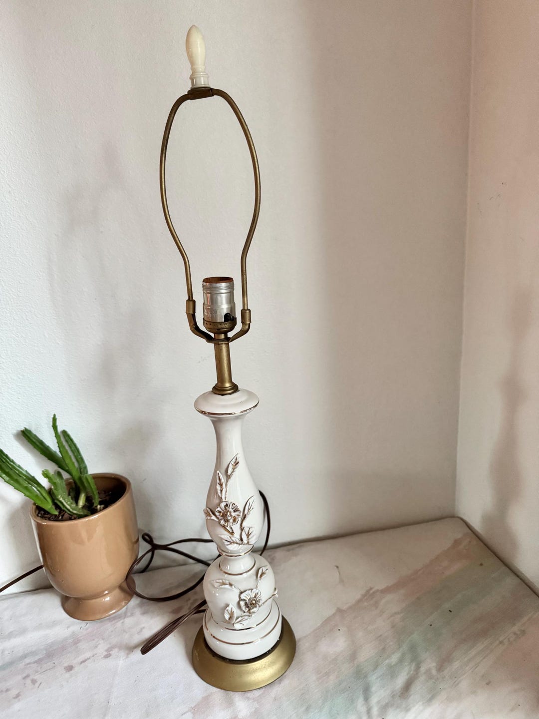 Vintage Porcelain Beige and Gold Flower Lamp. 3D Raised Flowers . MCM ...