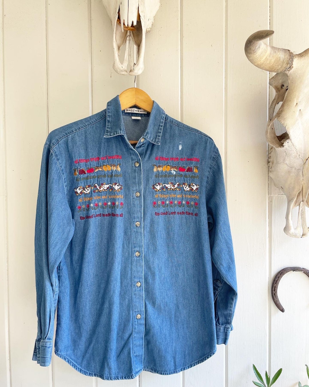 Vintage Maggie and Max Embroidered Duck, Vegetable, and Flower Denim ...