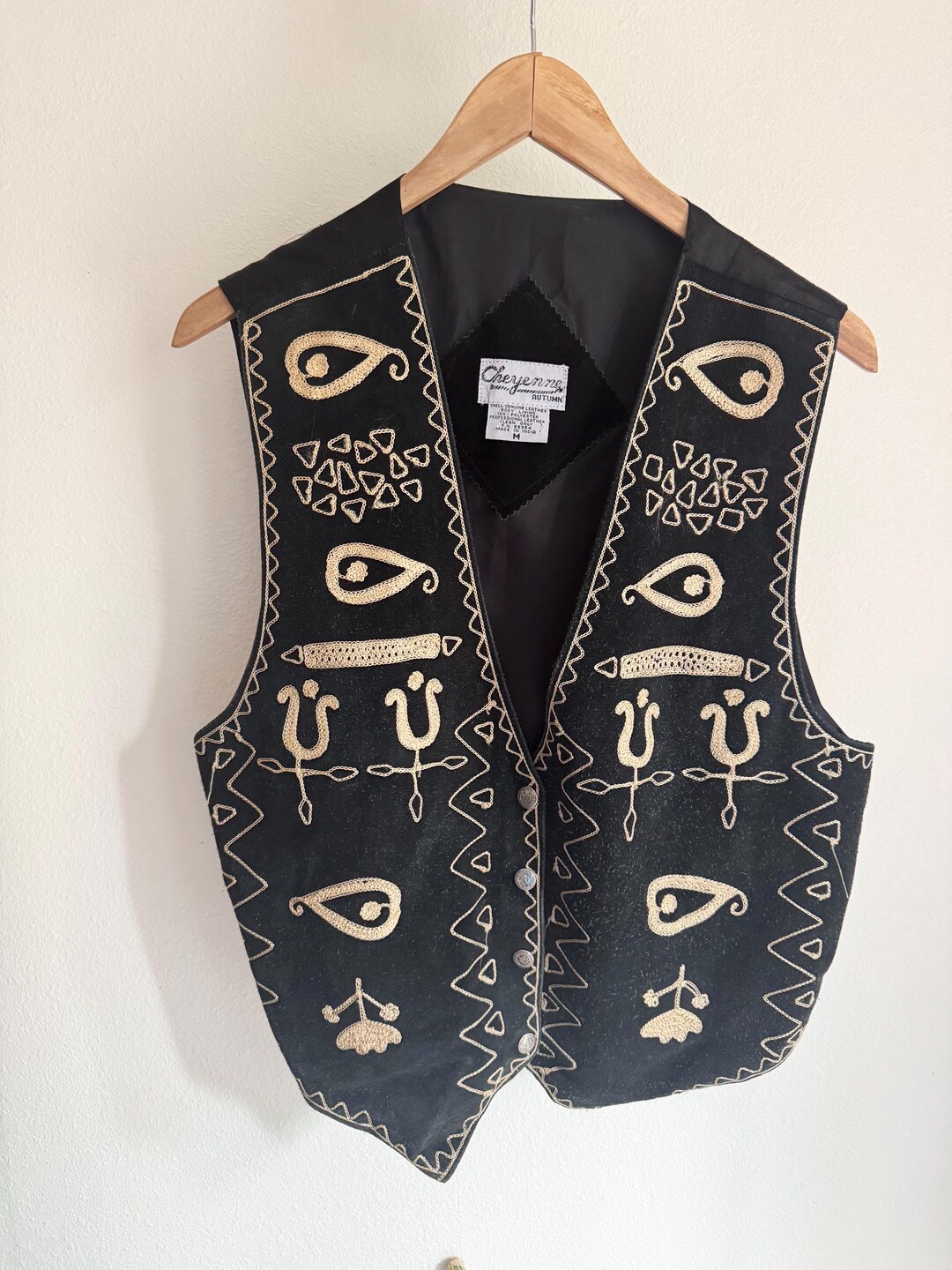 Vintage Cheyenne Autumn Vest Black Leather Embroidered Western Boho ...
