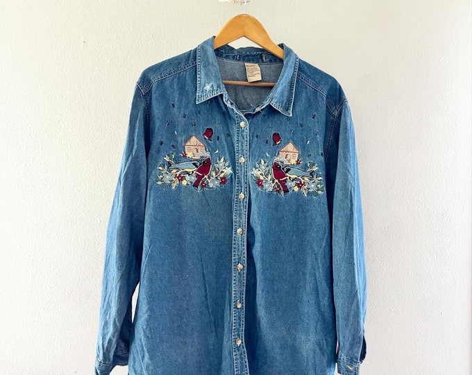 Women’s Denim Bird Embroidered 22W/24W Button Down Long Sleeve Down ...