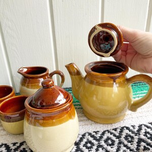 Vintage Three Toned Brown Tea Set With Pitcher, Sugar, Creamer, and 4 ...