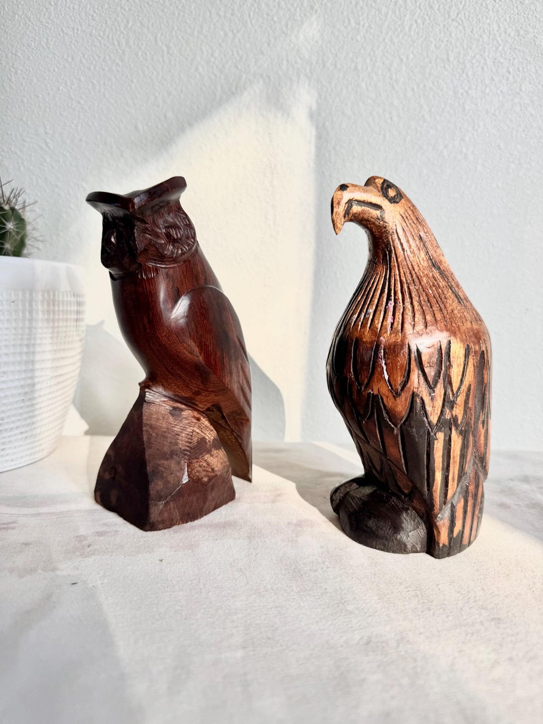 Pair of Hand Carved Wood Birds of Prey. Falcons Hawk Eagle Owl ...