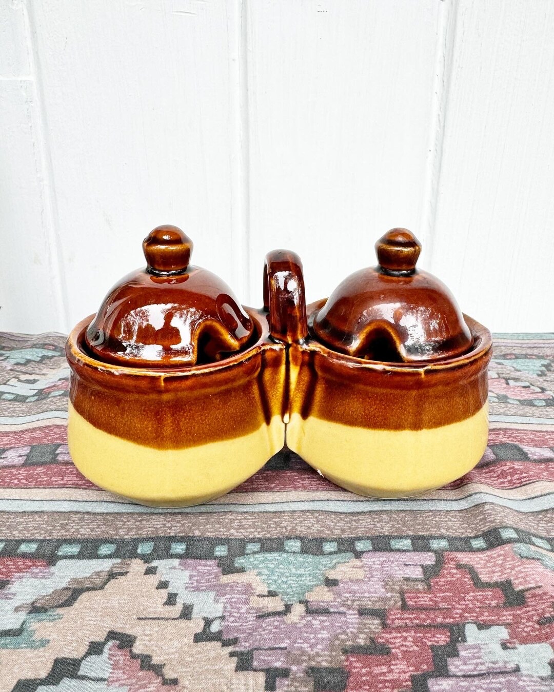 Vintage Houston Foods Double Tan & Brown Condiment Crockery Set. Jam ...