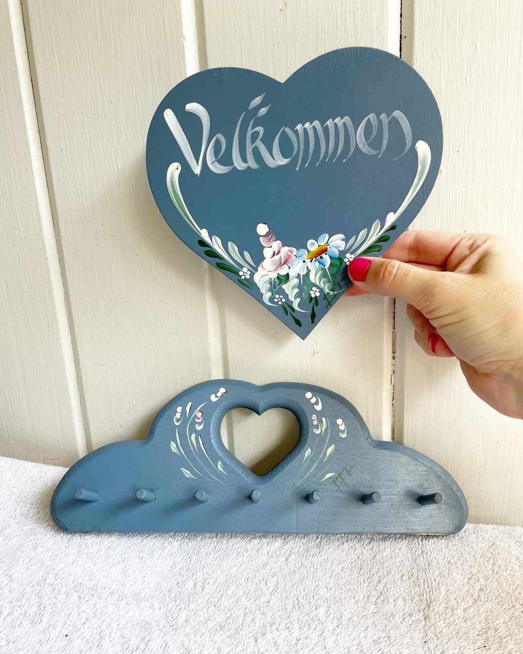 Vintage Country Blue Wood Danish Norwegian Hand Painted Floral ...