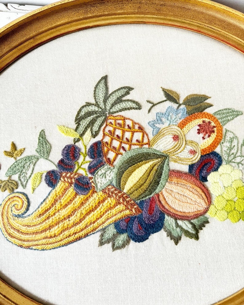 Large Vintage Oval Cornucopia Crewel Needlepoint in Green of Wood Frame ...