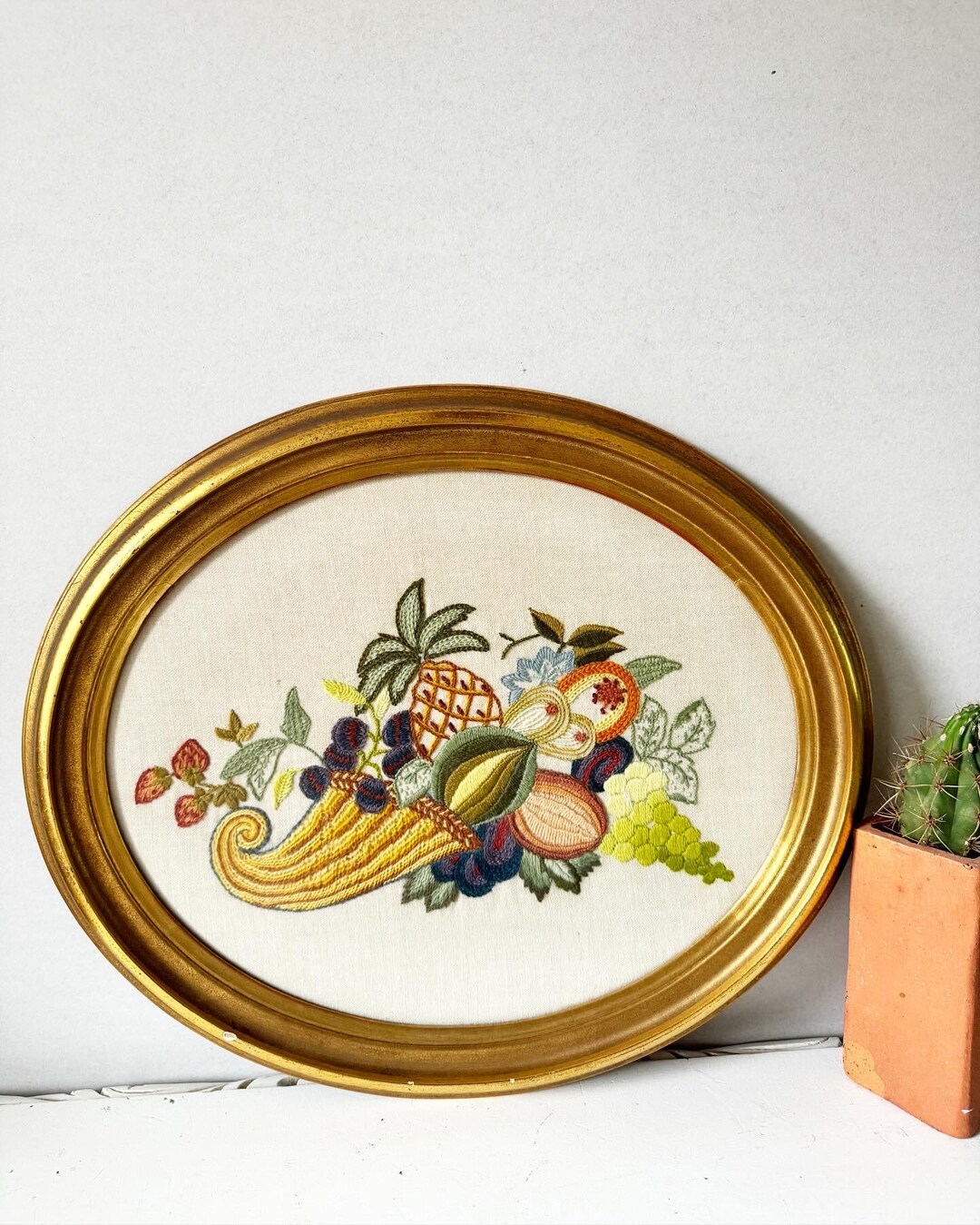 Large Vintage Oval Cornucopia Crewel Needlepoint in Green of Wood Frame ...