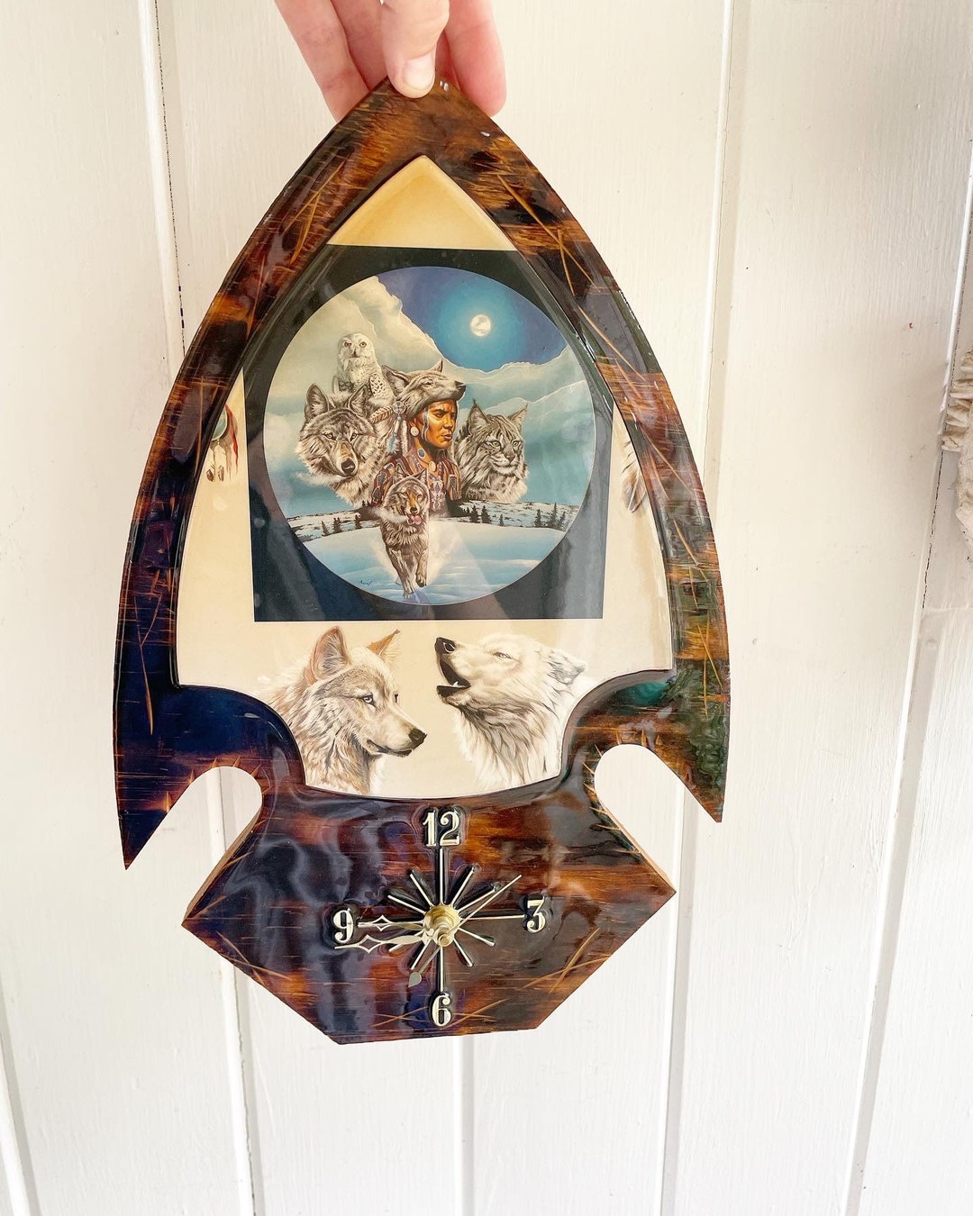 Vintage Wood Native American Arrowhead Owl/wolf/native American Clock ...