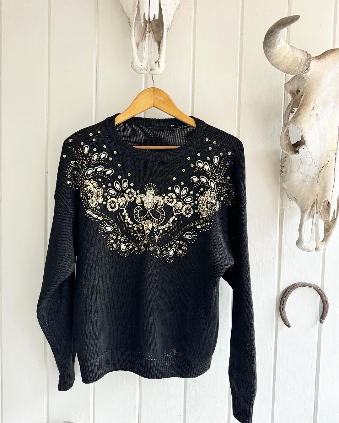 Vintage Beaded Jeweled Sequin Black Sweater. Majority of Beading is ...