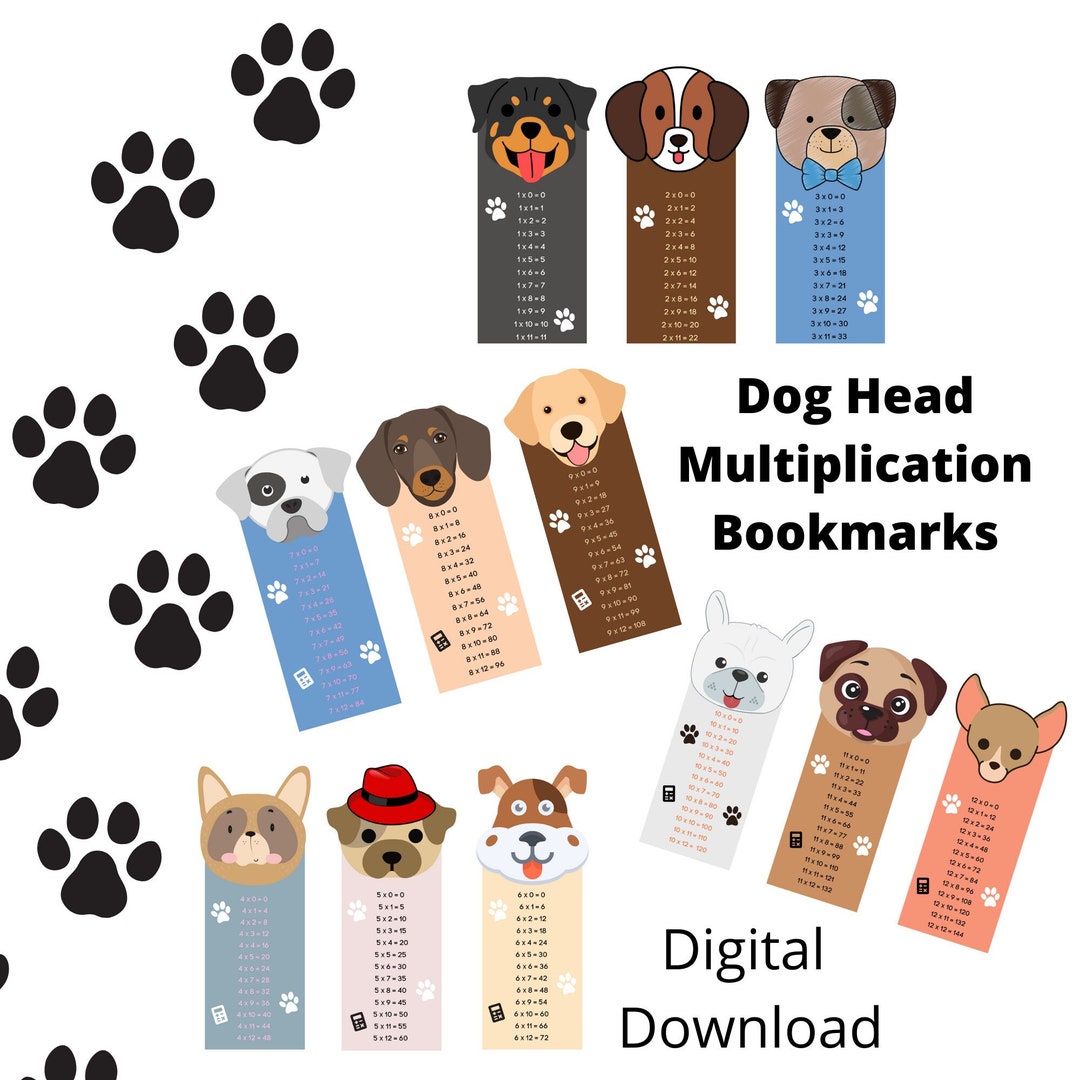 Multiplication Facts Bookmarks, Cute & Fun Dog Head Printable Math ...