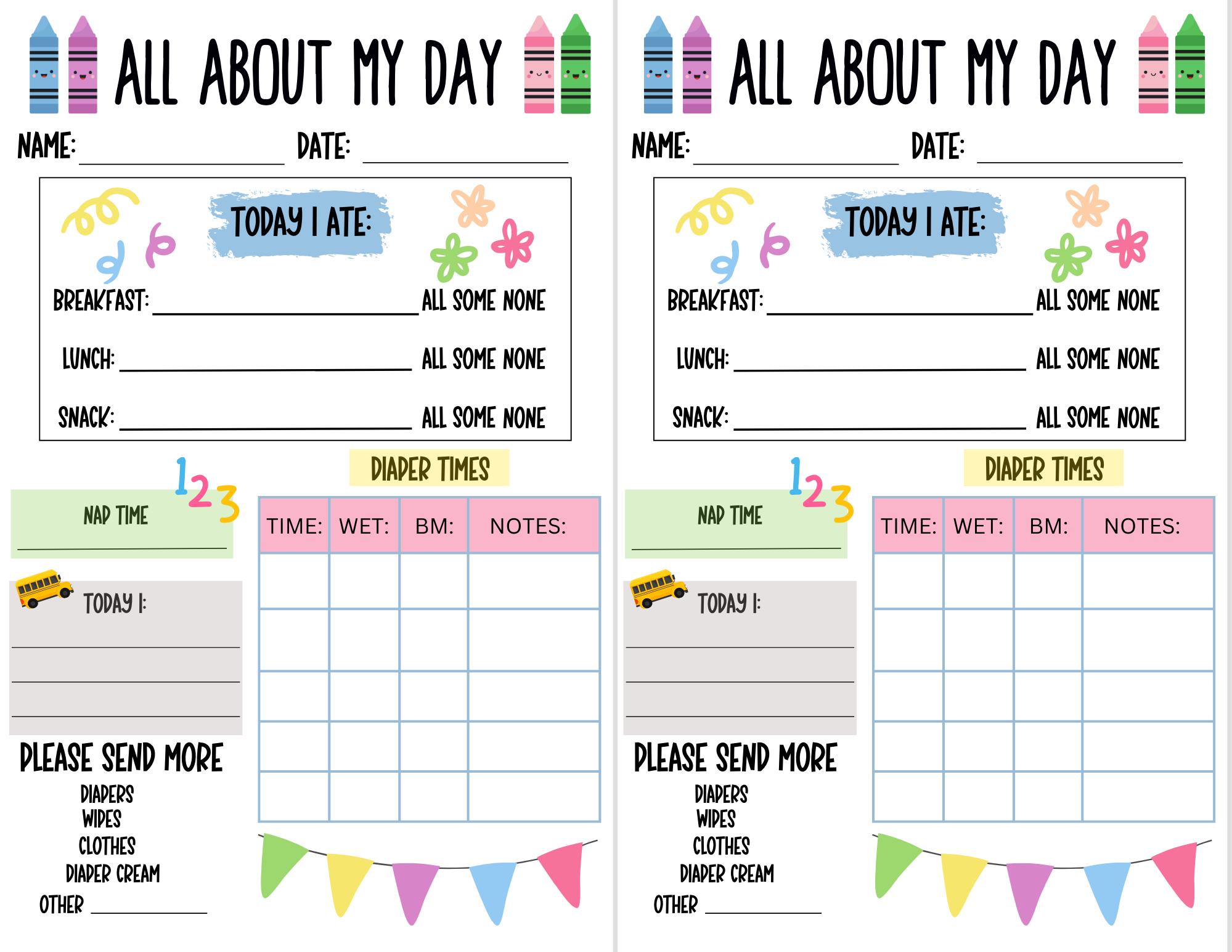 Daycare Daily Report, Crayon & Colorful Theme, Potty Log, Nap Schedule ...