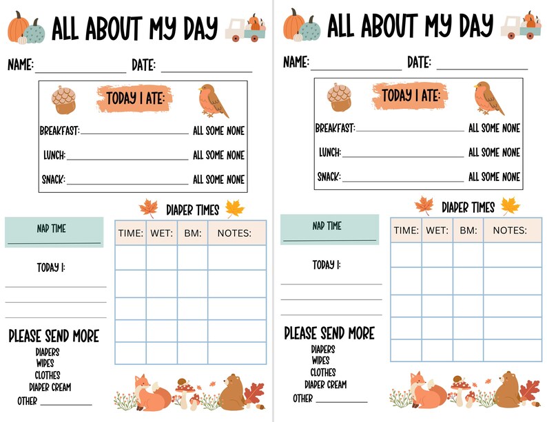 Daycare Report Mail, Fall-themed Daycare Daily Log Printable, Potty Log ...