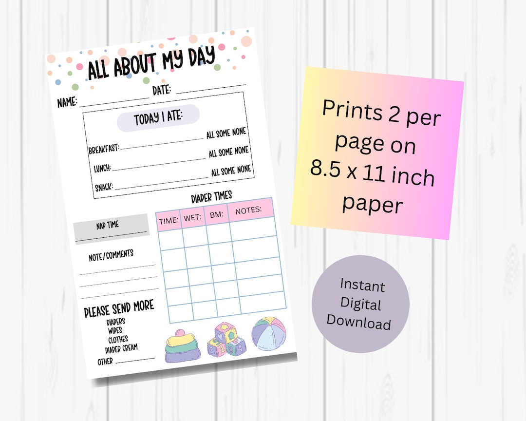 Daycare Report Mail, Baby-themed Daycare Daily Log Printable, Potty Log ...