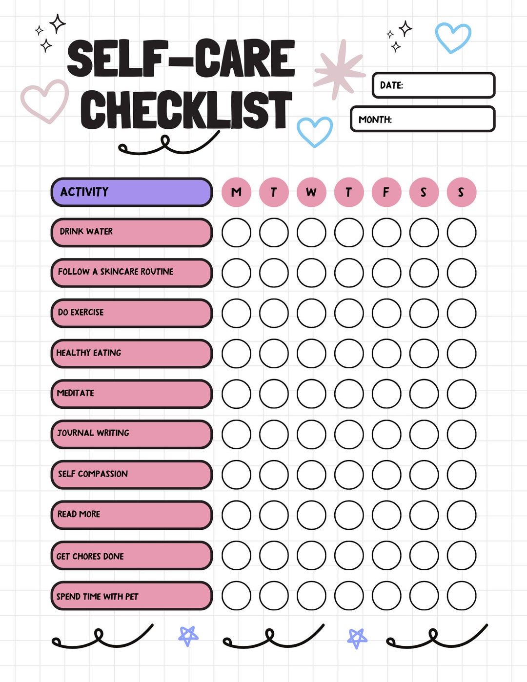 Weekly Self Care Tracker Printable Daily Self Care Checklist - Etsy ...
