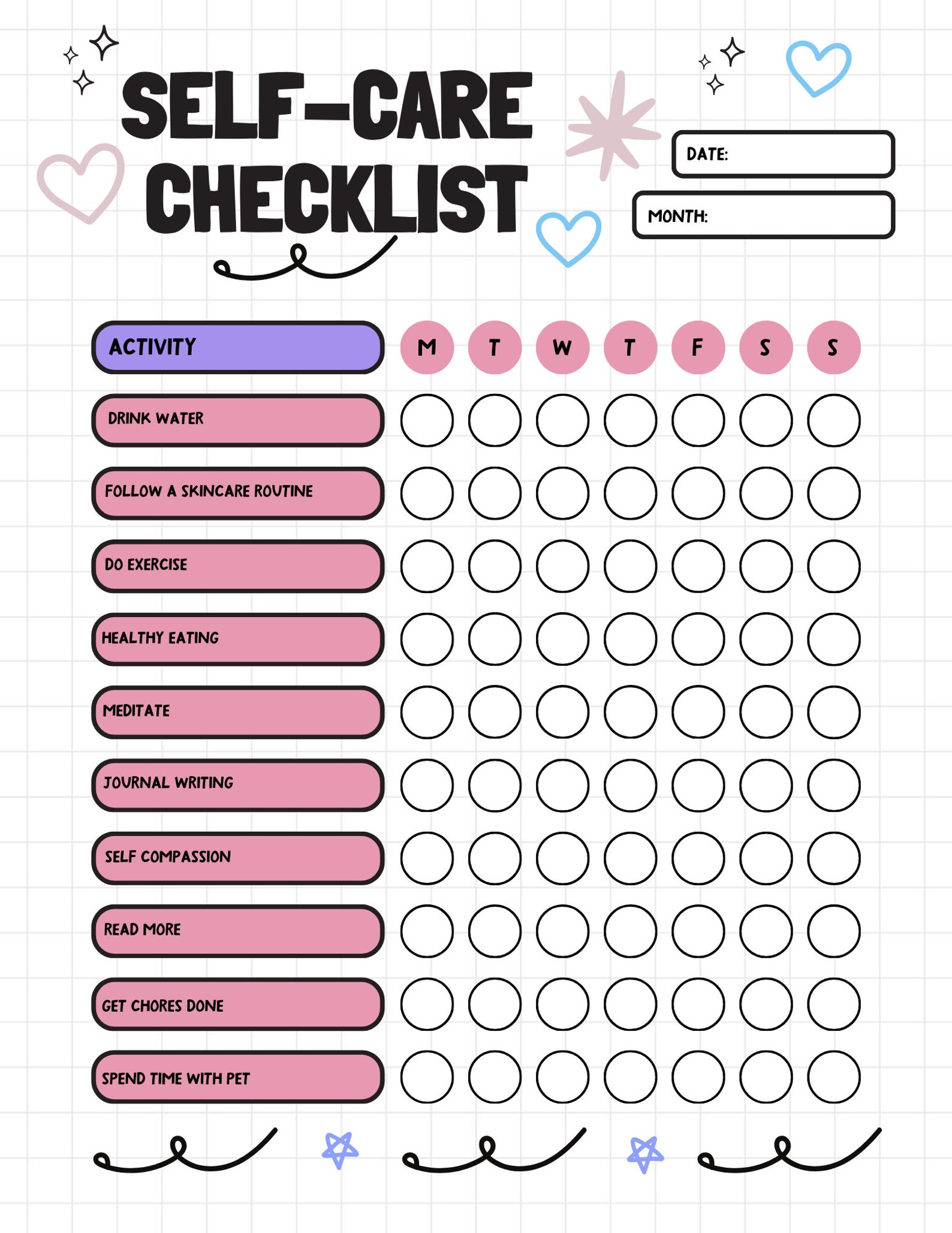 Weekly Self Care Tracker Printable, Daily Self Care Checklist, Routine ...