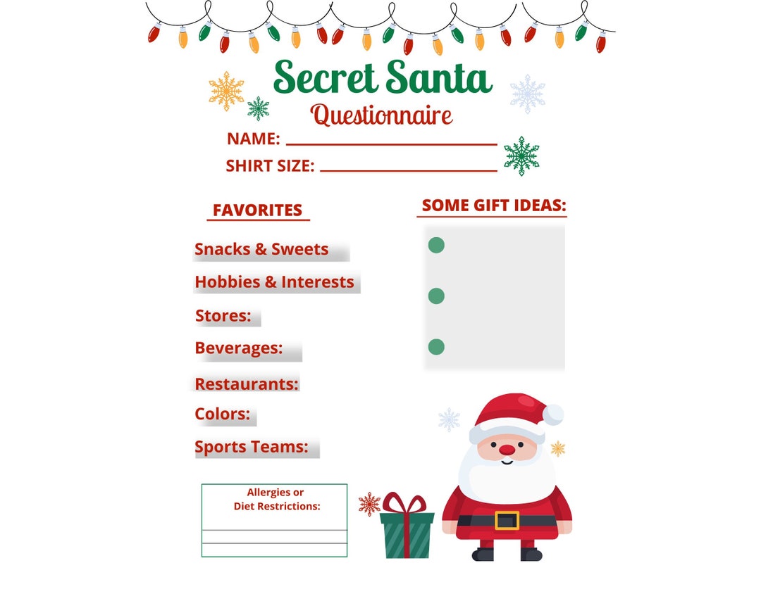 Secret Santa Questionnaire Printable, Christmas Secret Santa, Co-worker ...