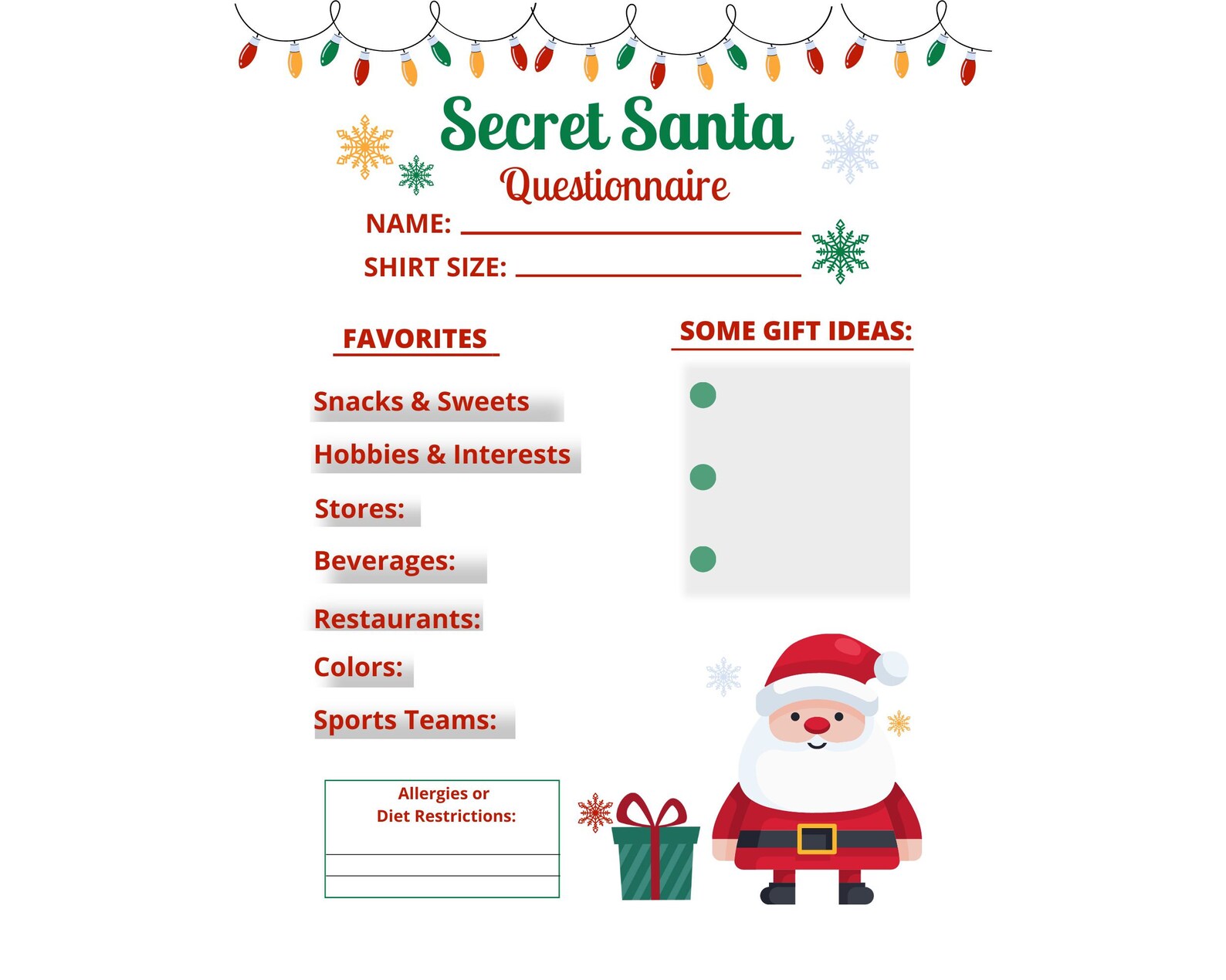 Secret Santa Questionnaire Printable Christmas Secret Santa - Etsy