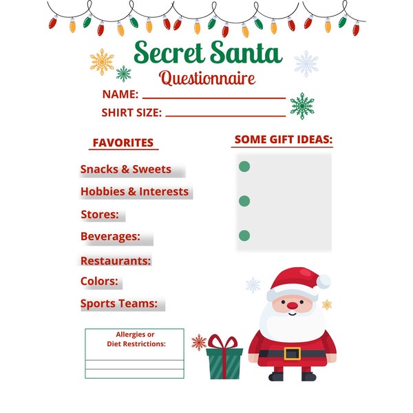 Secret Santa Questionnaire Co Worker - Etsy