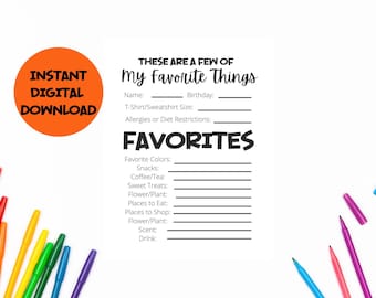 My Favorite Things Questionnaire Printable - Etsy