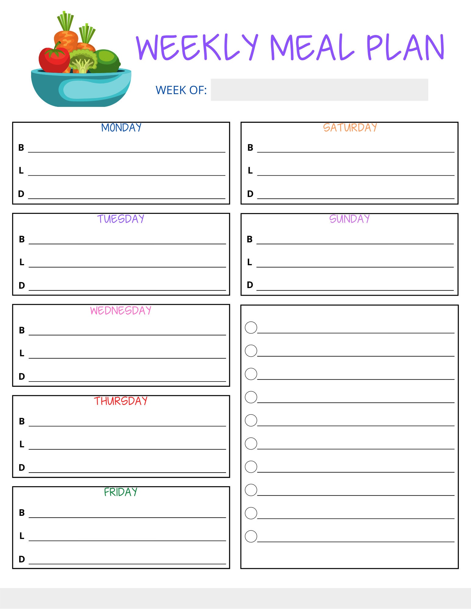 Simple Colorful Meal Planner Printable Weekly Meal Planner | Etsy
