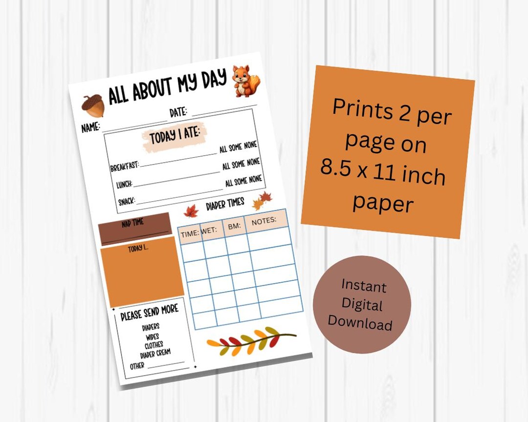 Daycare Report Mail, Fall-themed Daycare Daily Log Printable, Potty Log ...
