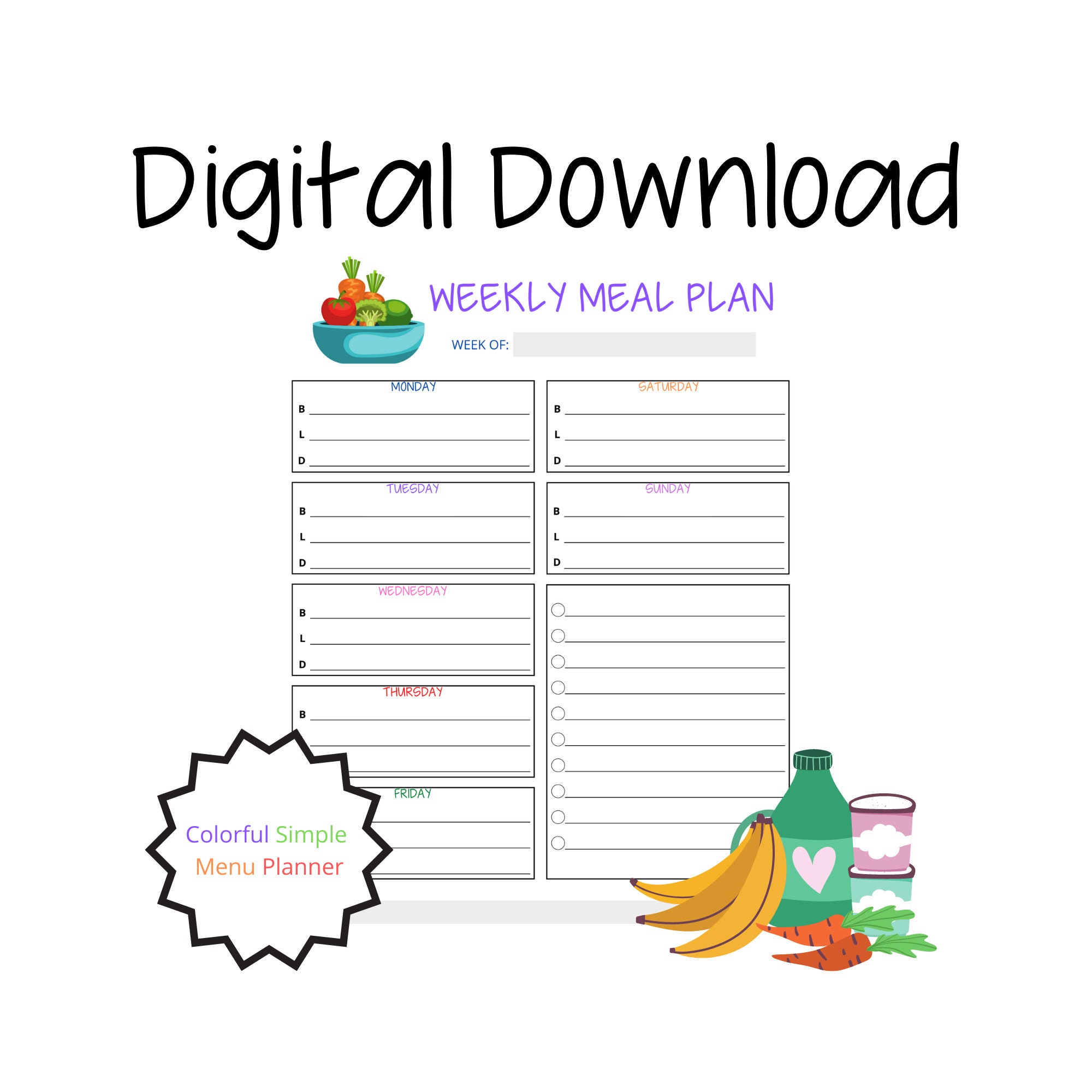 Simple Colorful Meal Planner Printable Weekly Meal Planner | Etsy