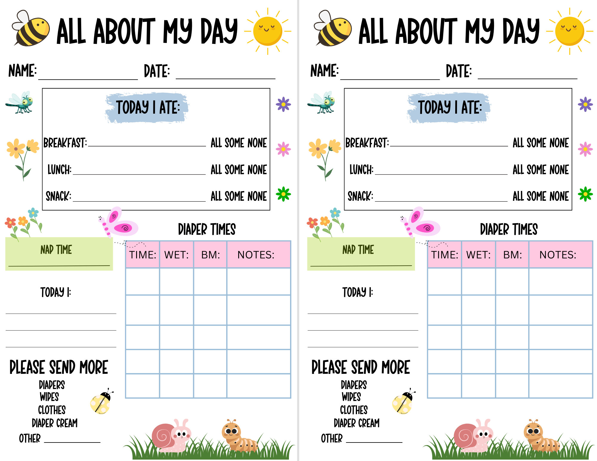 Daycare Report Mail, Spring/summer Daycare Daily Log Printable, Potty ...