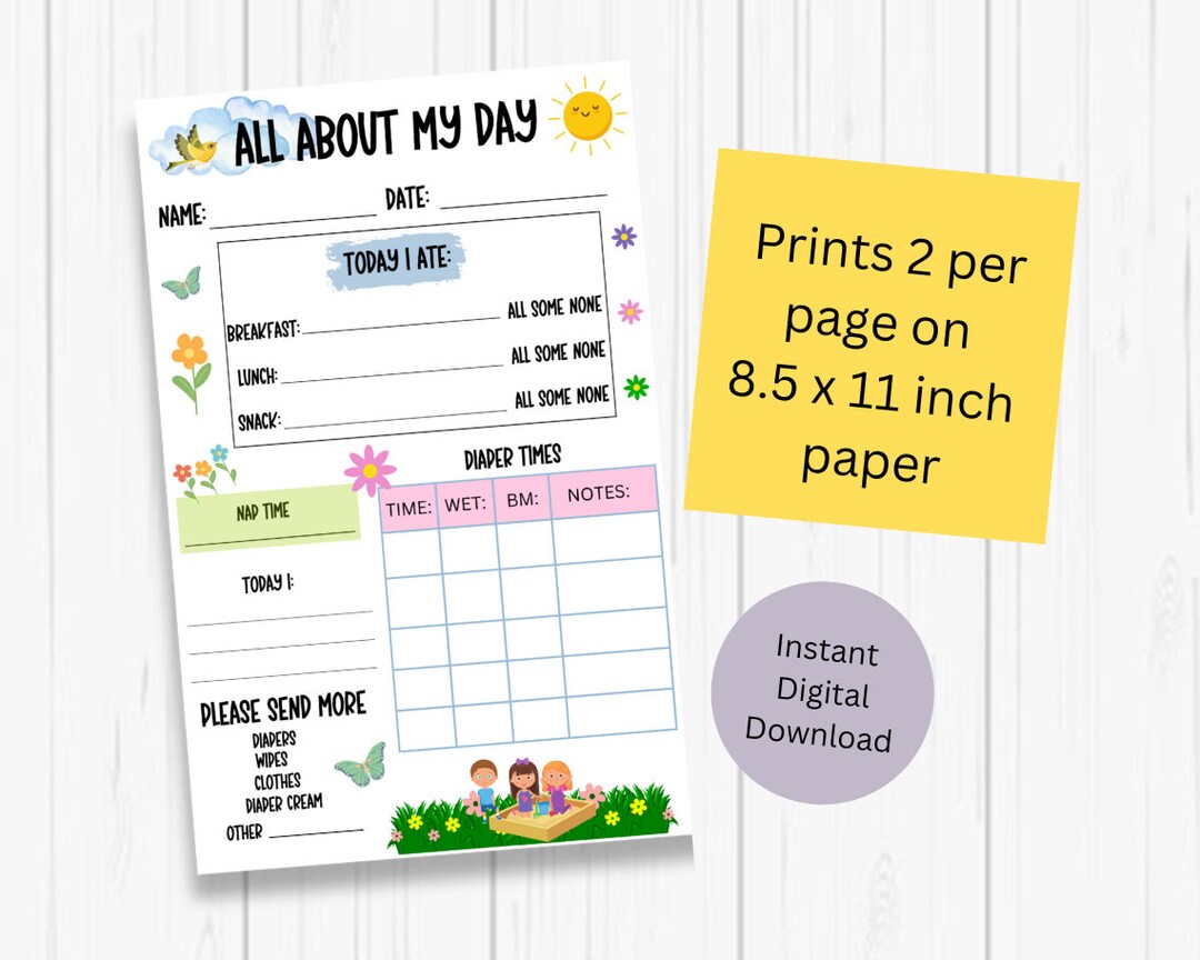 Daycare Report Mail, Cute Spring Daycare Daily Log Printable, Potty Log ...