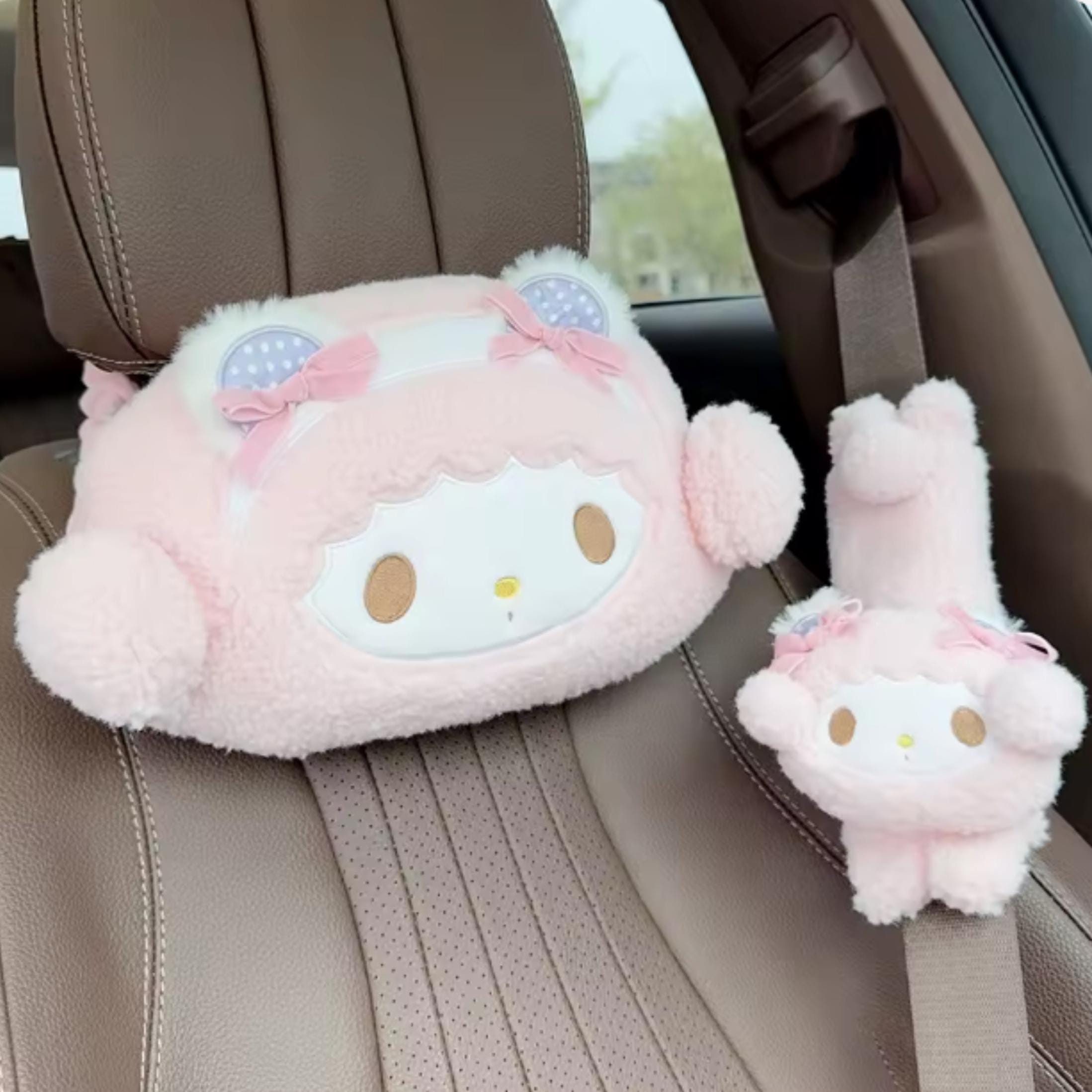 Kawaii Cute Car Seatbelt Cover & Headrest Pillow Cute Plush Car ...