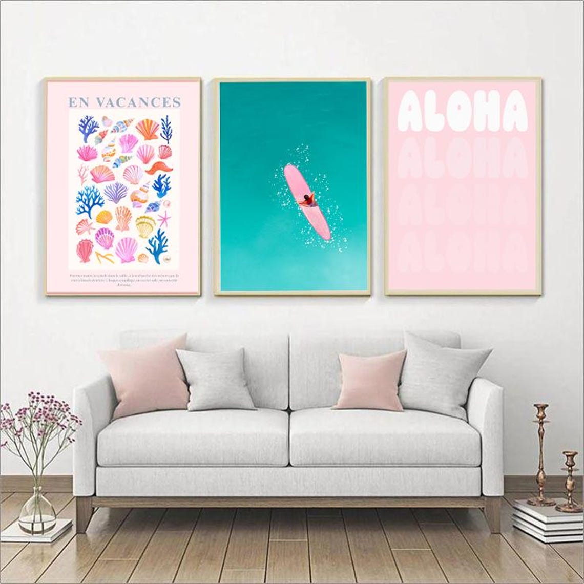 Summer Beach Art Print Set: Pink Surfer, Shell, Aloha (digital Download ...