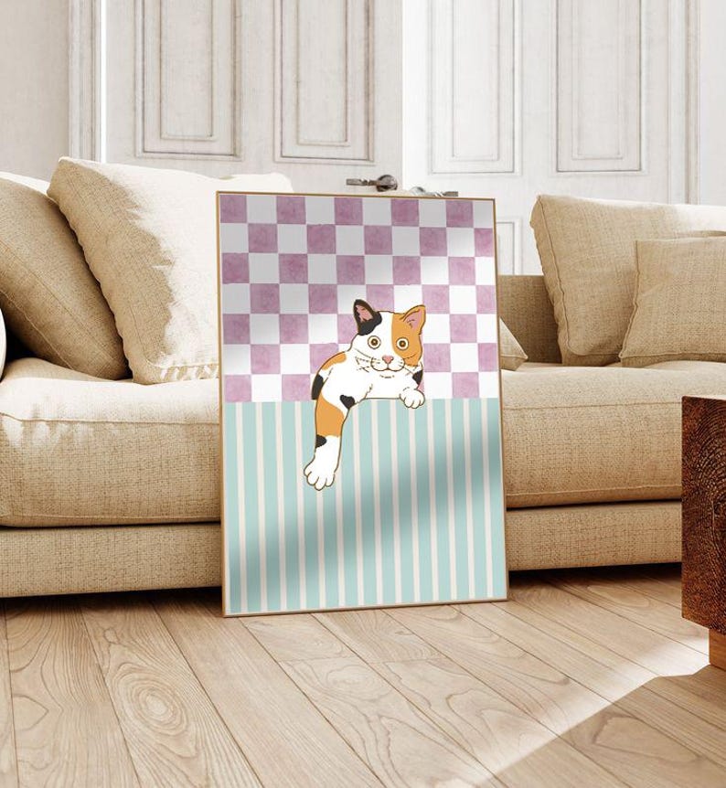 Hanging Cat Wall Art: Calico Cat Poster, Pastel Minimalist Print ...