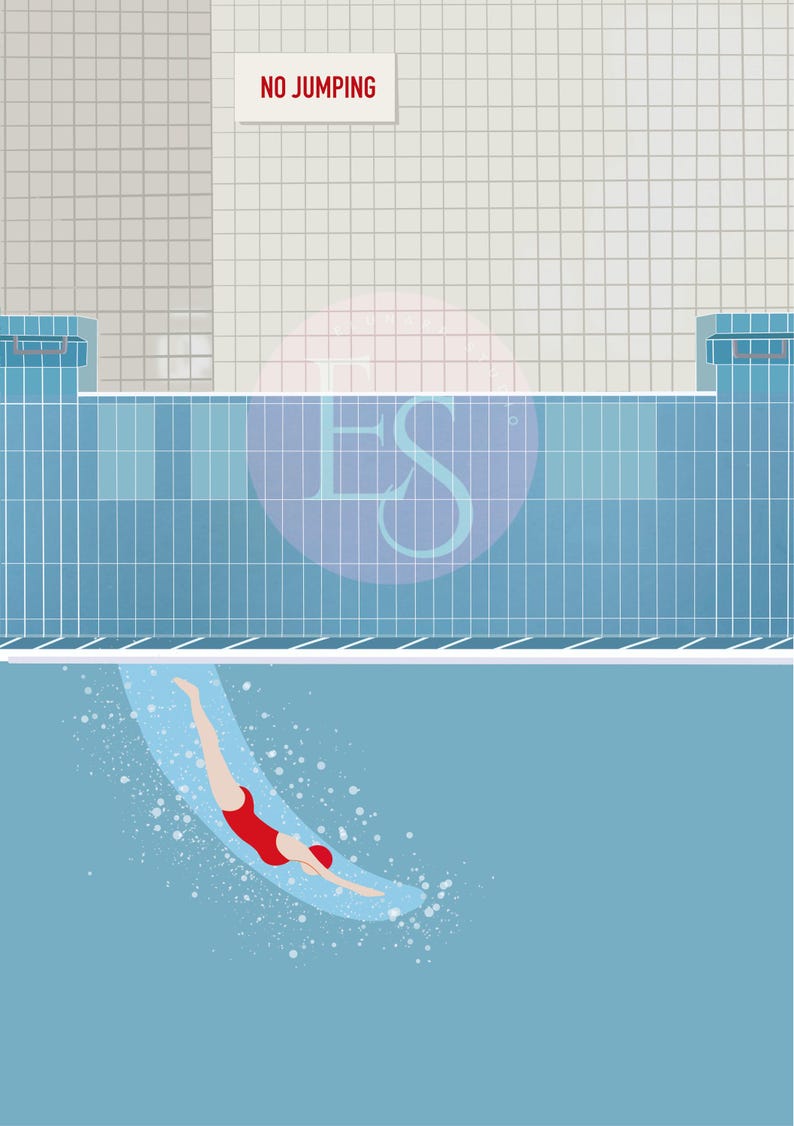 Retro Minimalist Swimmer Poster Set: Blue and Red Pool Wall Art ...