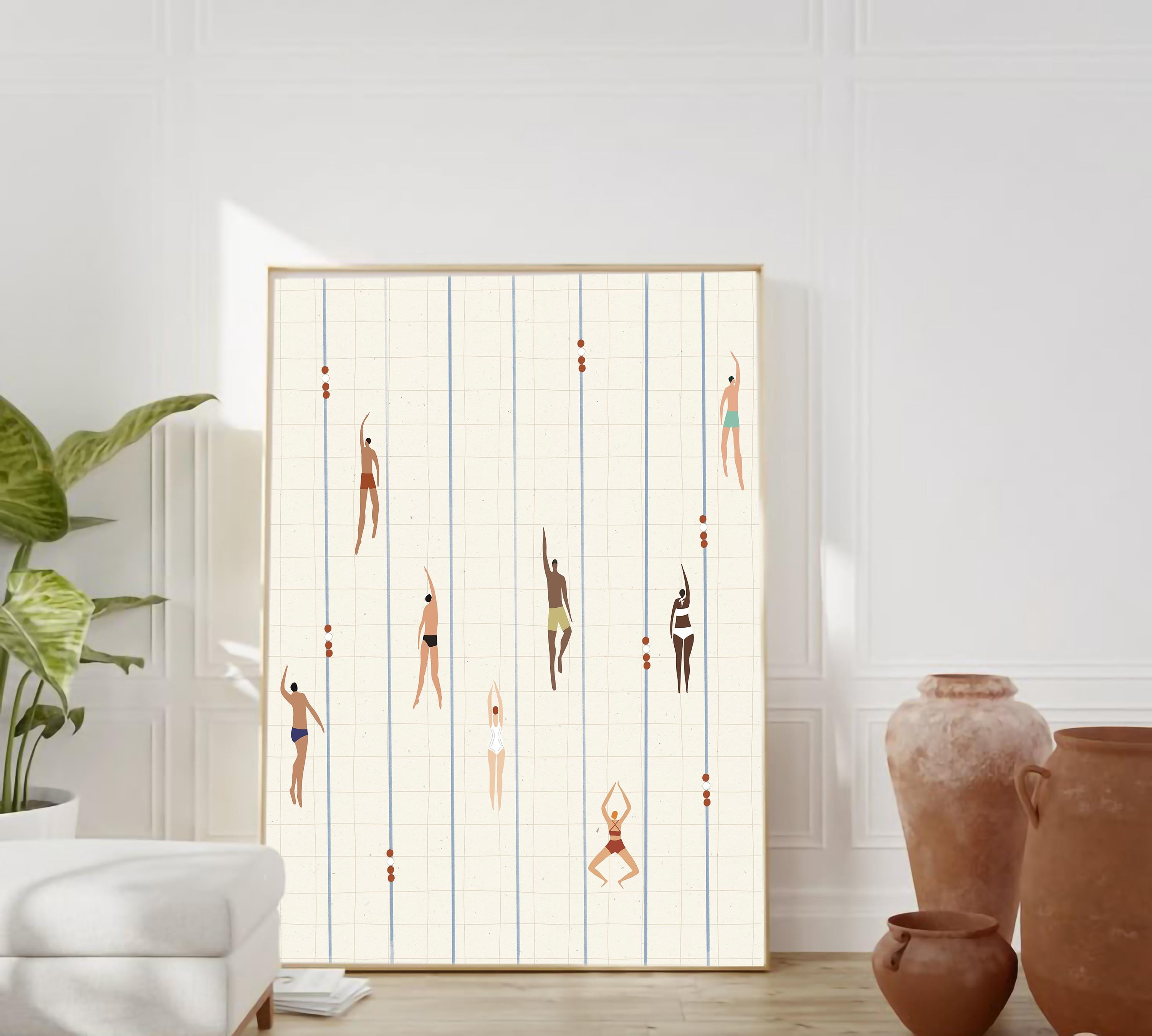 Summer Swimmers Art Print – Minimalist Pool Poster – Tiny People Wall ...
