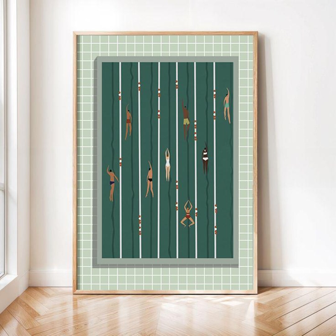 Sage Green Swimming Pool Print: Small People Poster, Miniature Sports ...