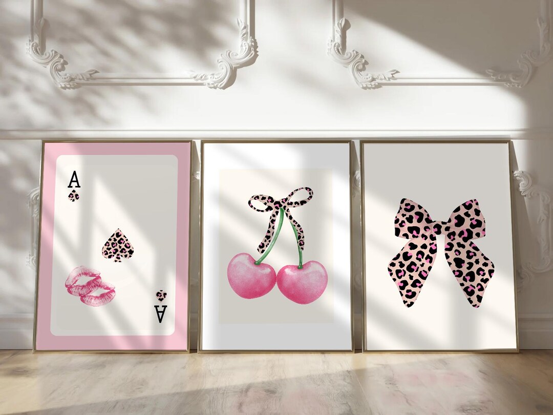 Preppy Pink Wall Art Set | Cutecore Room Decor | Leopard Cherry Bow Ace ...