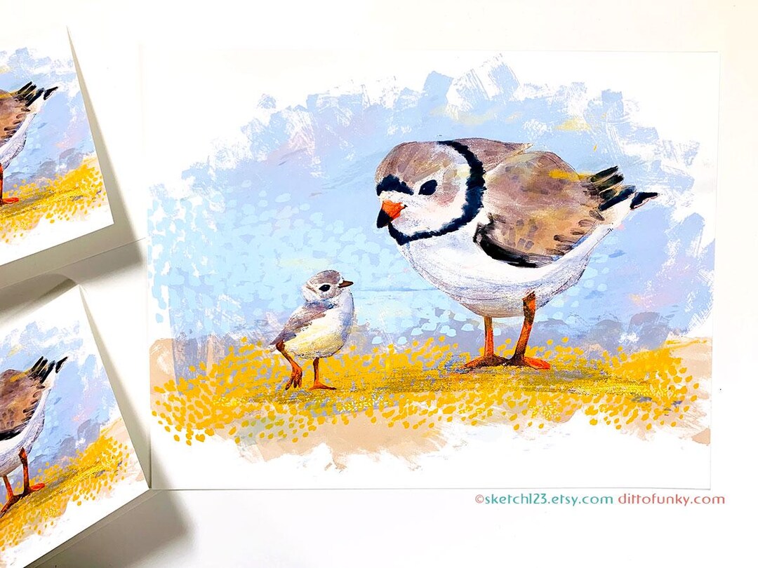 Piping Plovers Card and Print - Mother Plover With Baby Plover Chick ...