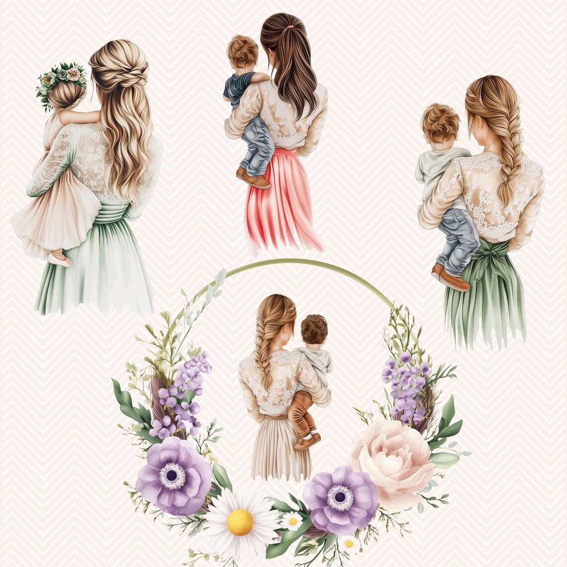 Cute Watercolor Mother's Day Clipart | Mom and Child PNG | Mother and ...
