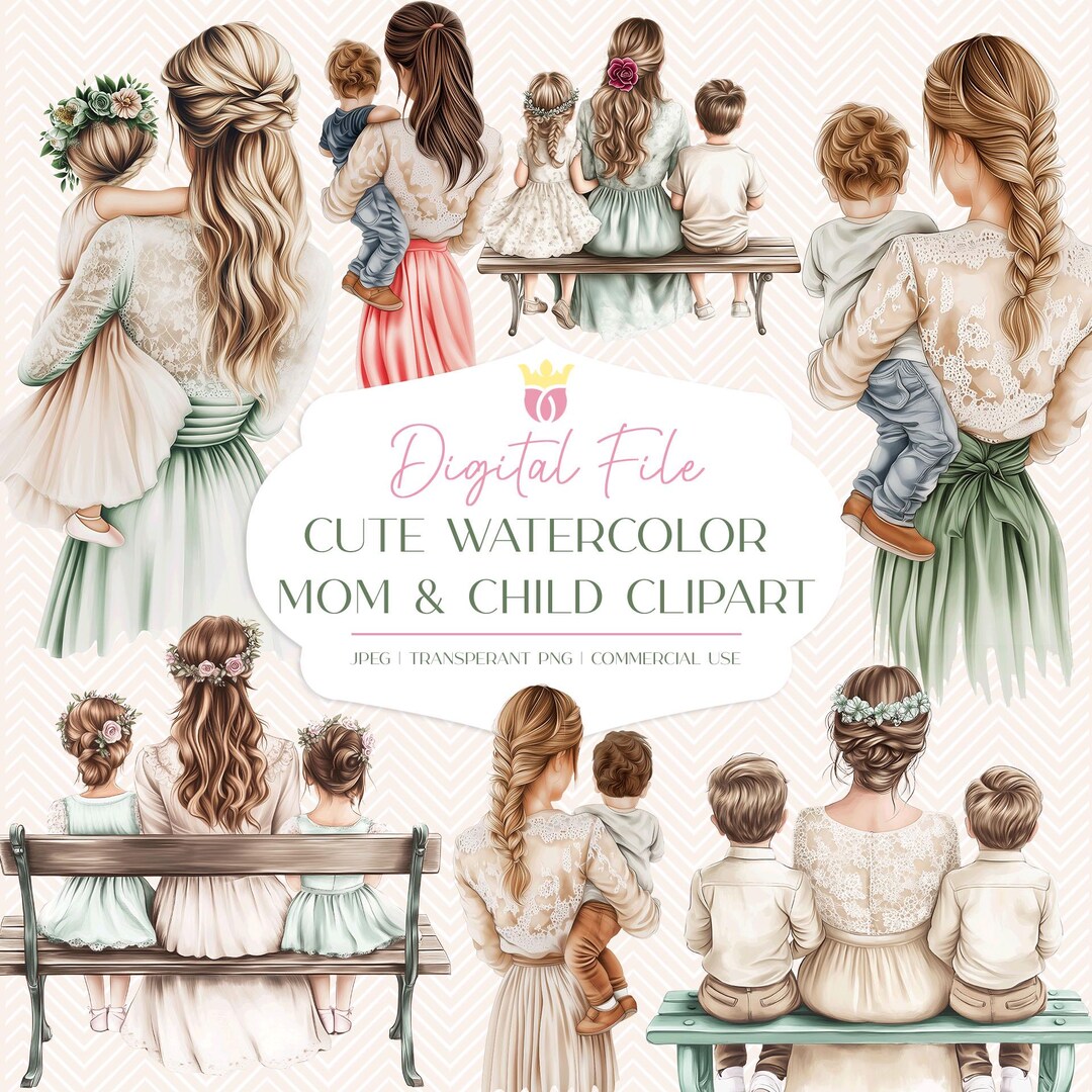 Cute Watercolor Mother's Day Clipart | Mom and Child PNG | Mother and ...