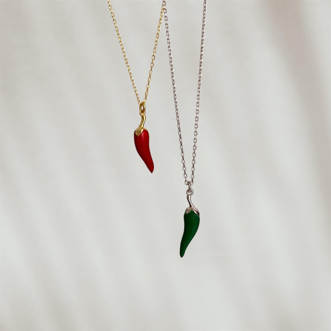 925 Silver Chili Pepper Necklace | Italian Horn Necklace | Red & Green ...