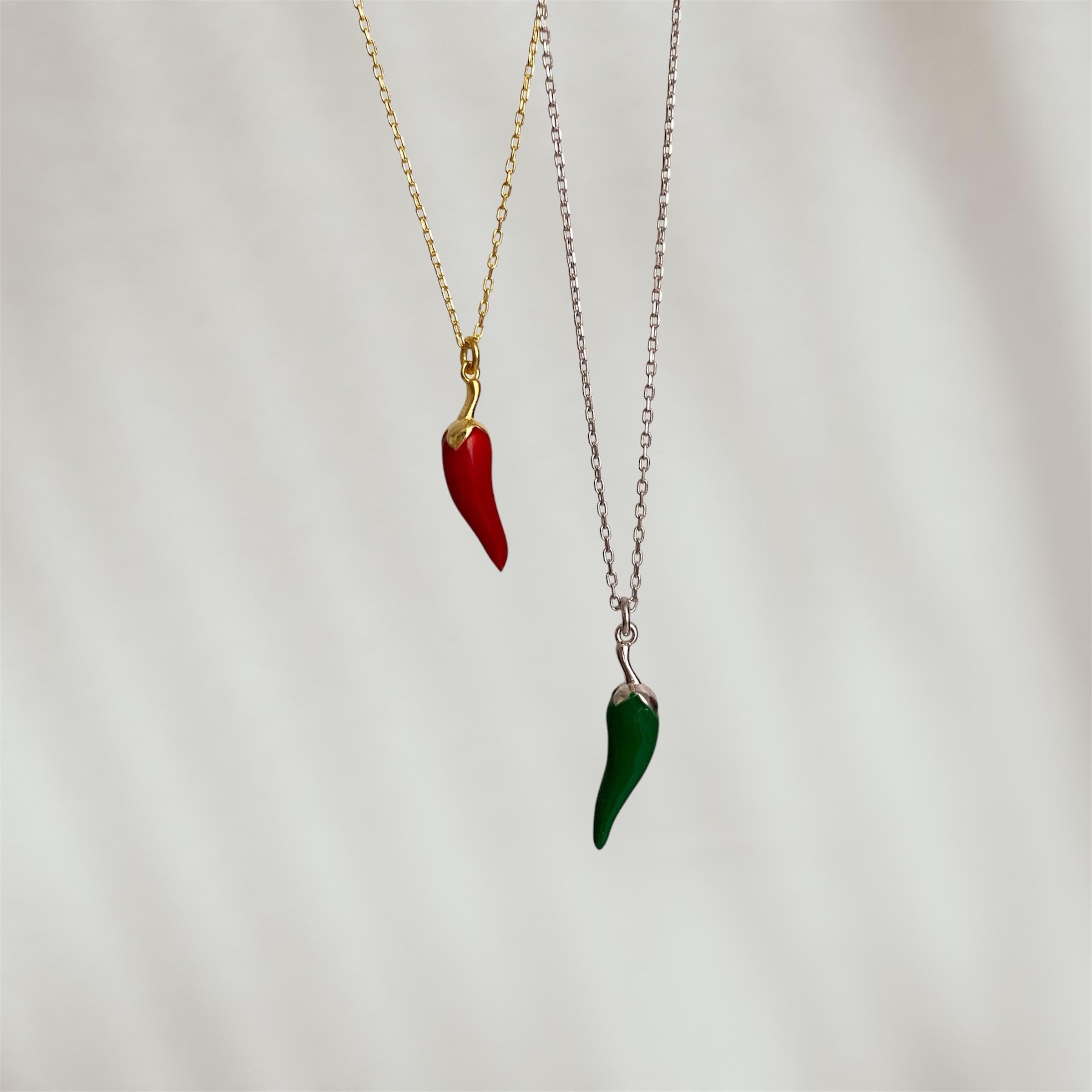 925 Silver Chili Pepper Necklace | Italian Horn Necklace | Red & Green ...