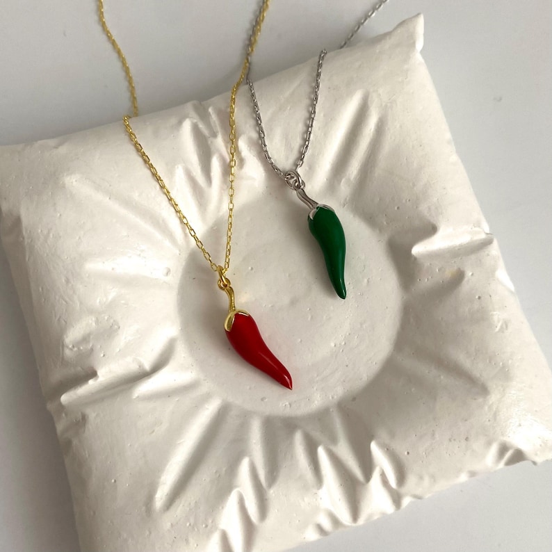 925 Silver Chili Pepper Necklace | Italian Horn Necklace | Red & Green ...