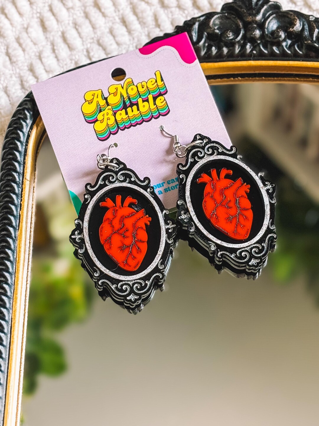 Gothic Anatomical Heart Cameo Earrings: Black & Red Statement Jewelry ...