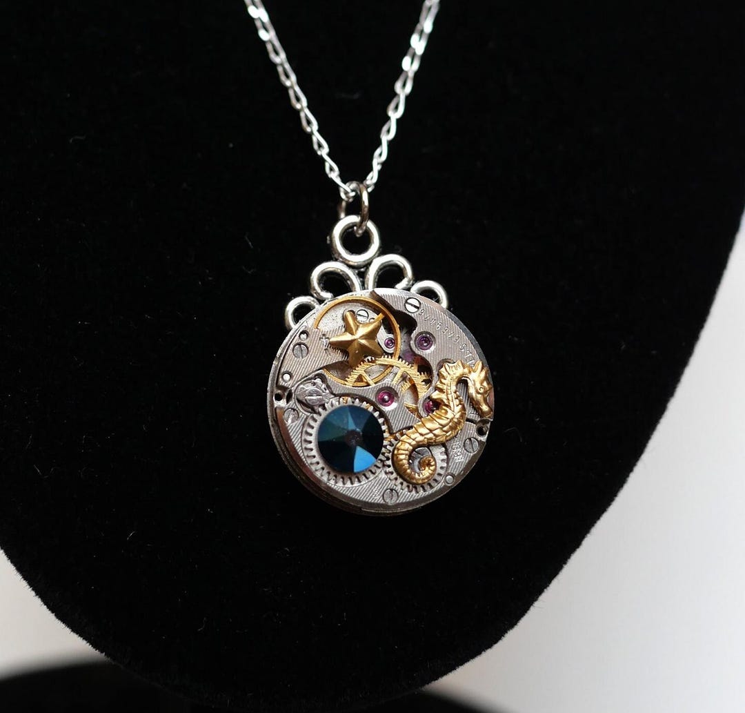 Antique Seahorse, Star and Swarovski Blue Metal Watch Pendant - Etsy
