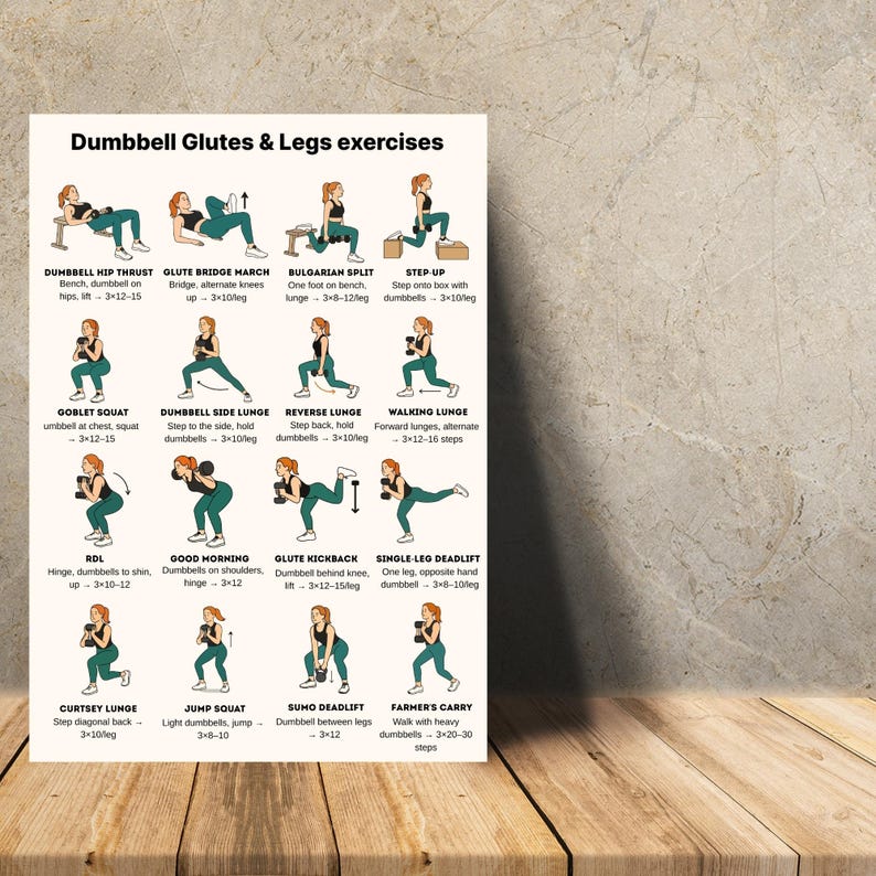 Dumbbell Glutes & Legs Workout Poster – 16 Exercises Chart, Fitness ...