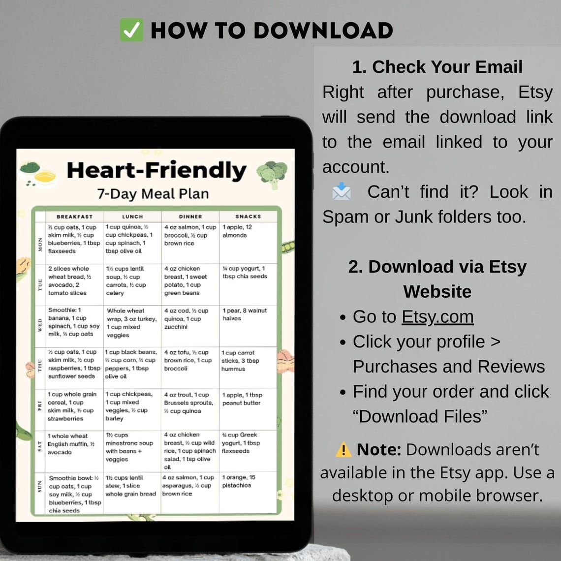 Heart Friendly 7 Day Meal Plan | Cholesterol Diet Printable | Low ...