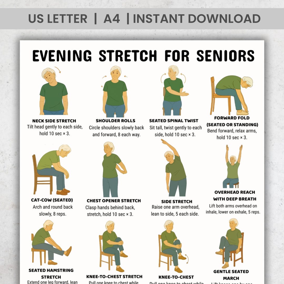 Evening Stretch for Seniors Printable, 16 Gentle Relaxing Exercises PDF ...