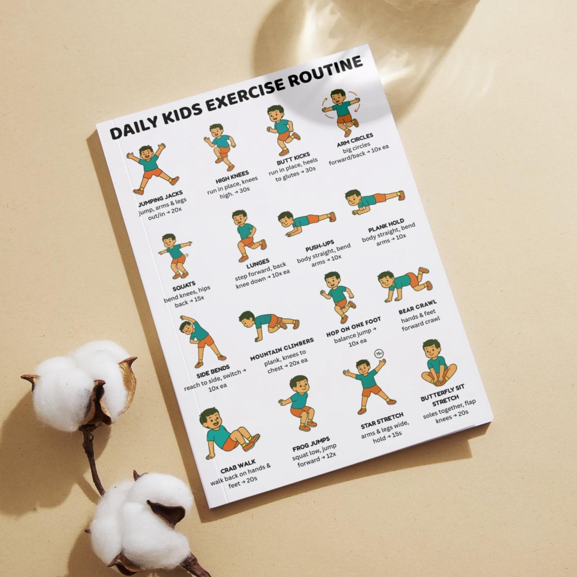 Kids Exercise Chart Printable – 16 Daily Workout Moves Poster | Kids ...