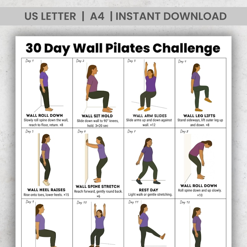 30 Day Wall Pilates Challenge Printable PDF, Gentle Daily Wall ...