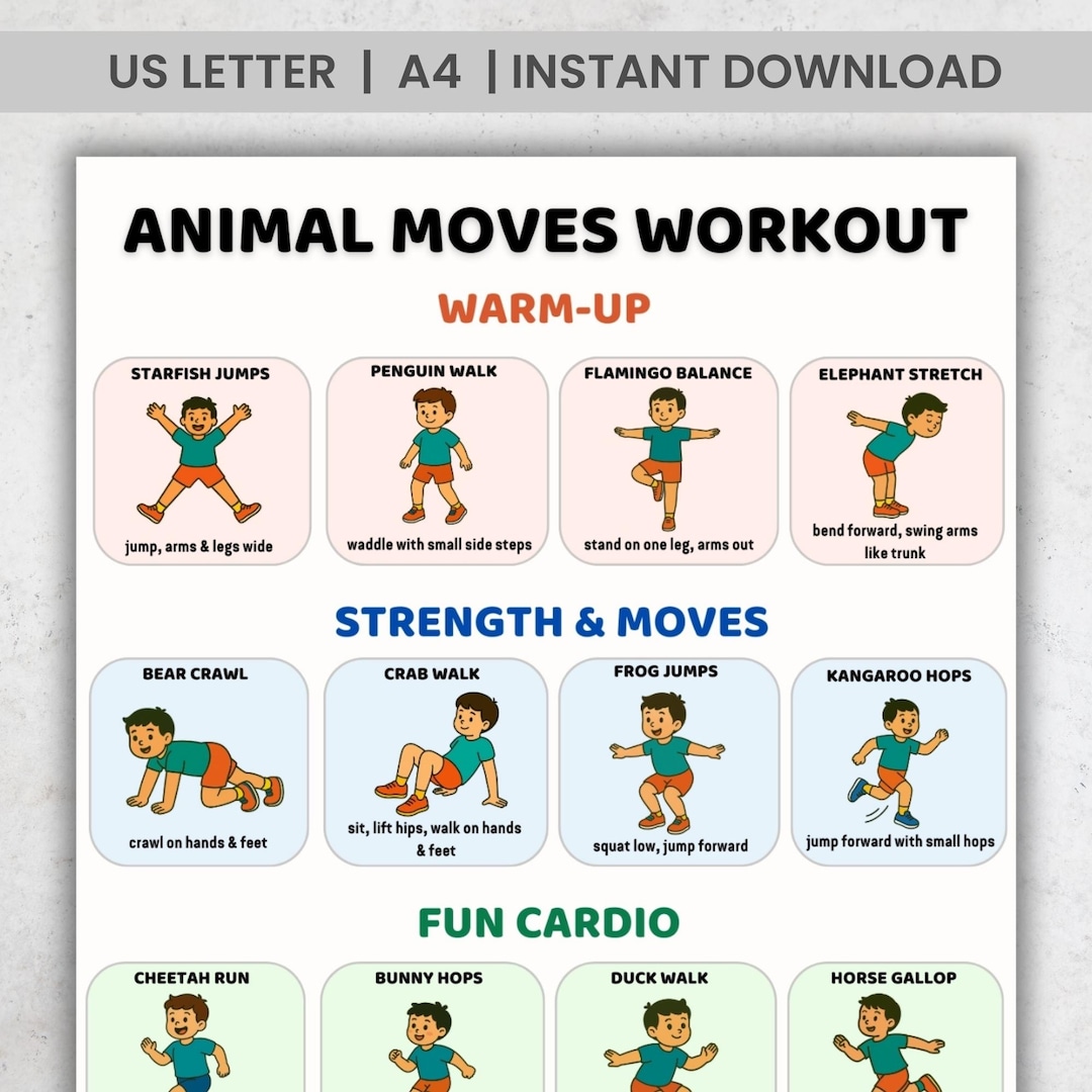 Kids Workout Poster Printable – 16 Fun Animal Moves Exercises, Kids ...