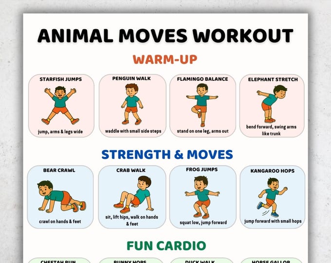 Kids Workout Poster Printable – 16 Fun Animal Moves Exercises, Kids ...