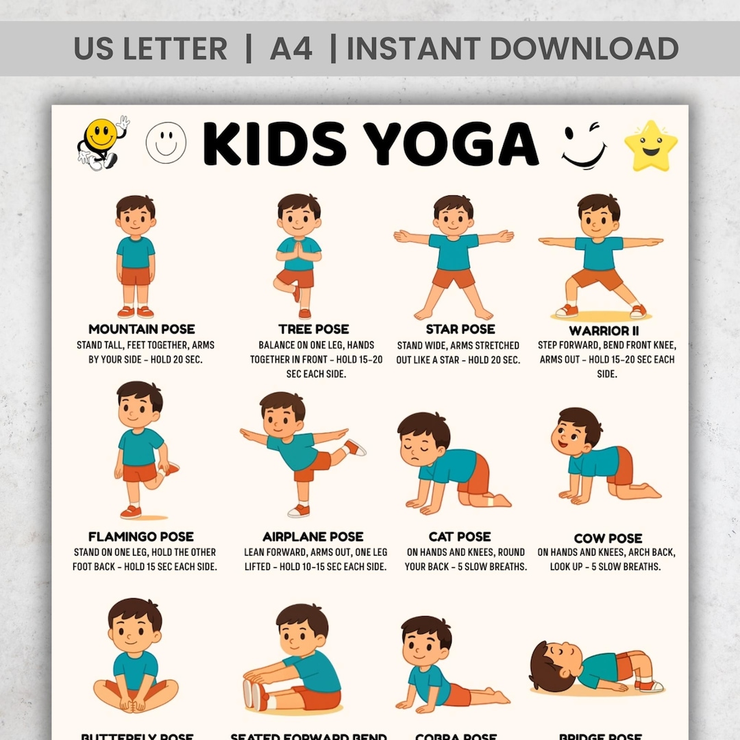 Kids Yoga Poster, Printable Yoga Poses for Children, 16 Easy Exercises ...
